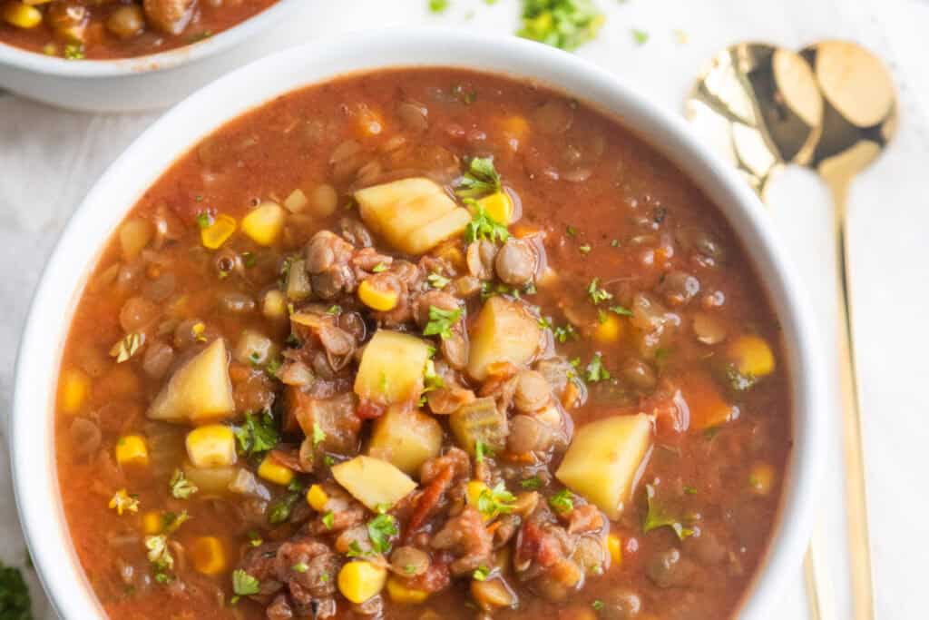 Tomato Lentil Vegetable Soup - Becoming You With Julie