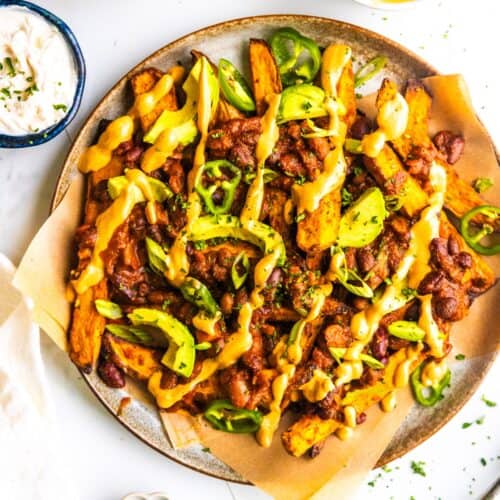 Vegan Loaded Sweet Potato Fries with Chili - Becoming You With Julie